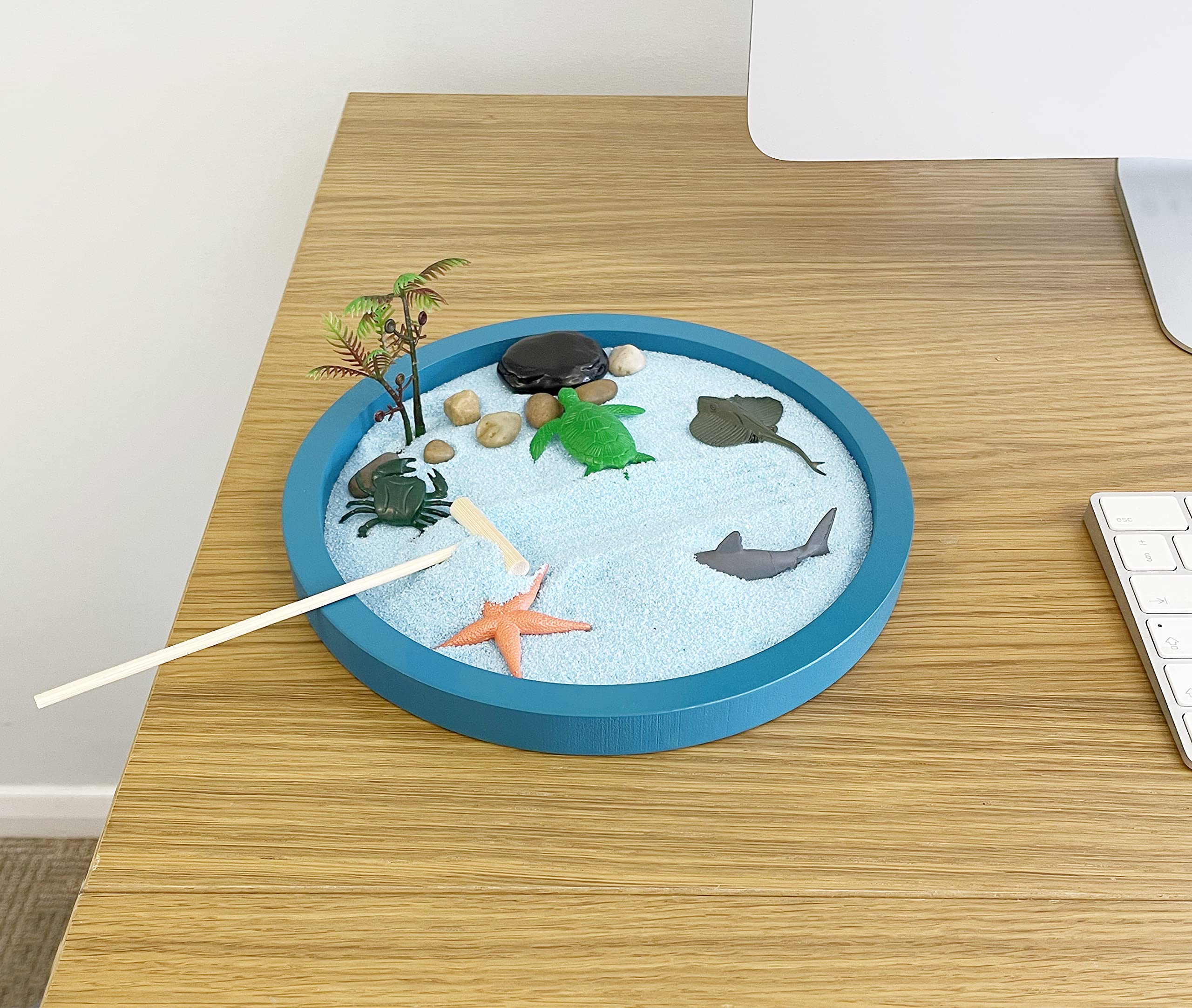 Japanese Zen Garden Mini Kit for Desk - Ocean Beach Theme - Relaxation, Meditation & Mindfulness - Gift for Birthdays, Christmas, Etc. - Includes Rake, Sand, 10+ Accessories! - Tray Diameter 8.5"