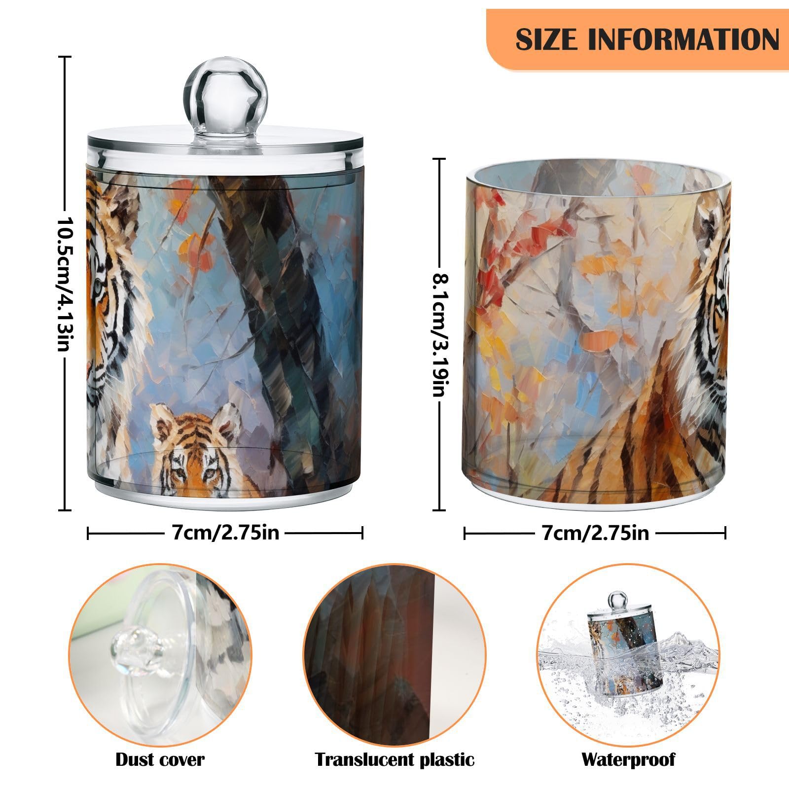 Vnurnrn Qtip Cotton Ball Holder Dispenser with Lid Painting Tigers Family Print, Plastic Jars Bathroom Canisters Storage Organizer 2 Pack