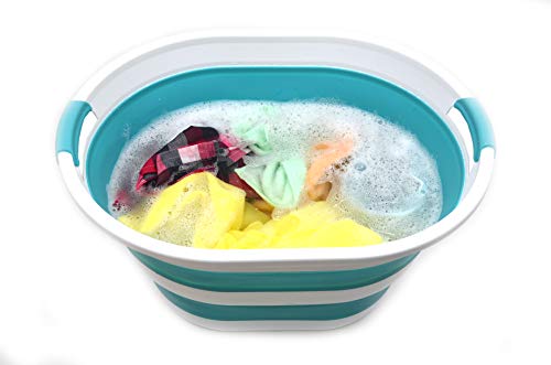 SAMMART 34L(8.98 gallon) Collapsible Plastic Laundry Basket-Oval Tub/Basket-Foldable Storage Container/Organizer-Portable Washing Tub-Space Saving,Water capacity 29L (7.66 gallon) (1, Bright Blue)