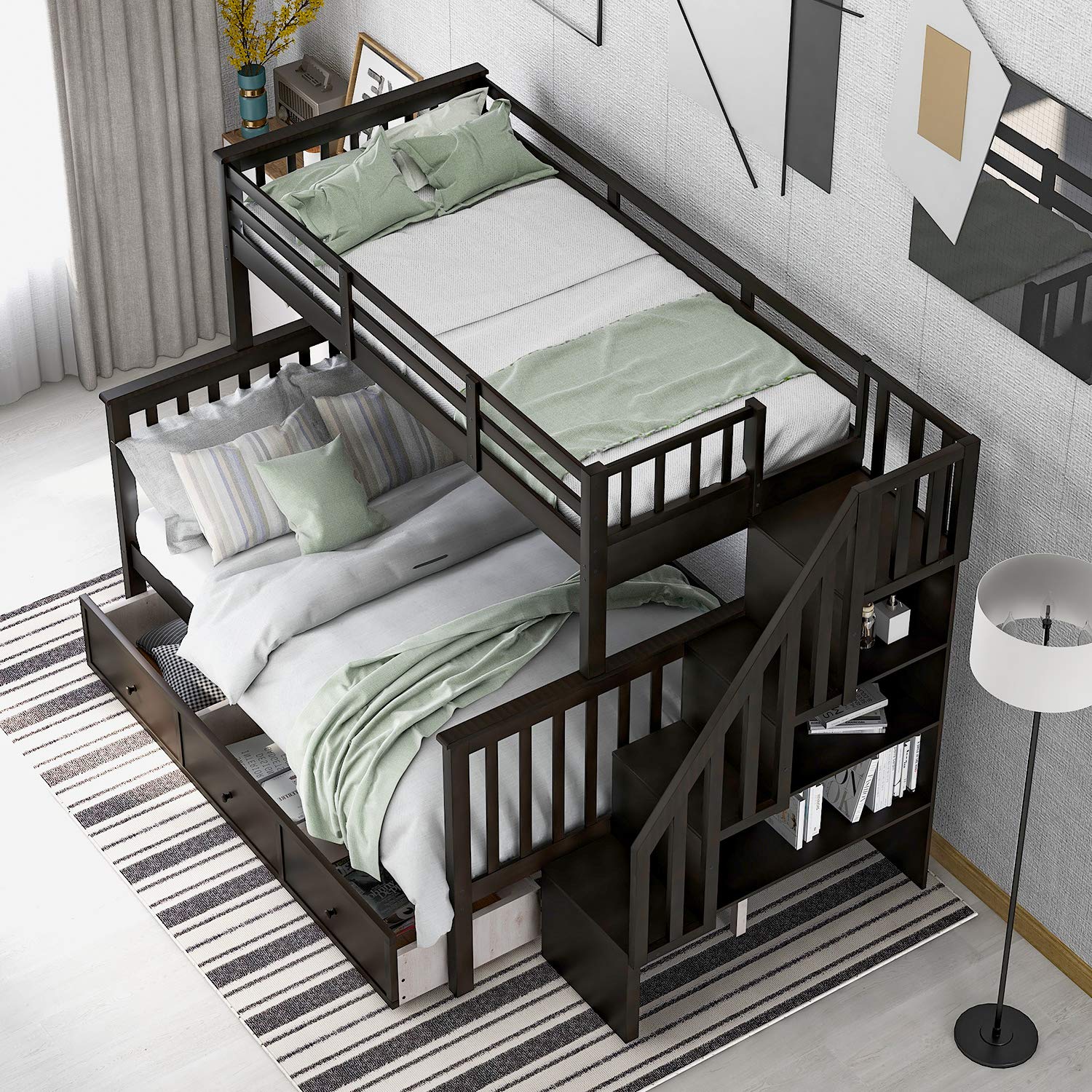 BIADNBZ Full Over Full Bunk Bed with Stairs Storage and Drawers, Solid Wood Bunkbed with Staircase for Kids Teens Adults, can be Separated into 2 Platform Bedframe, Gray