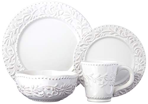 American Atelier Round Dinnerware Sets | White Kitchen Plates, Bowls, and Mugs | 16 Piece Bianca Leaf Collection | Dishwasher and Microwave Safe | Service for 4