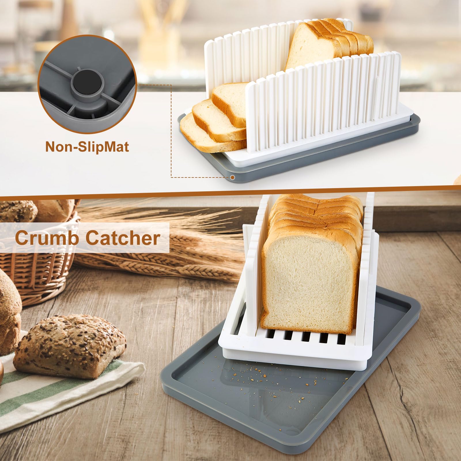 Bread Slicer for Homemade Bread, Raipeu Bread Slicing Cutting Guide Adjustable Width Length, Compact Bread Slicer Guide with Crumb Tray for Sourdough Round, Cakes, Bagels