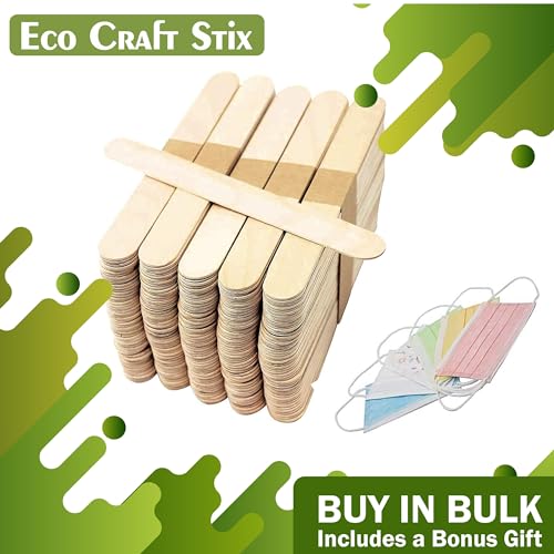 Eco Craft Stix 6" Jumbo Wooden Craft Sticks - Pack of 500ct. Includes a Bonus Gift. Great For Kids Classroom Arts Supplies.