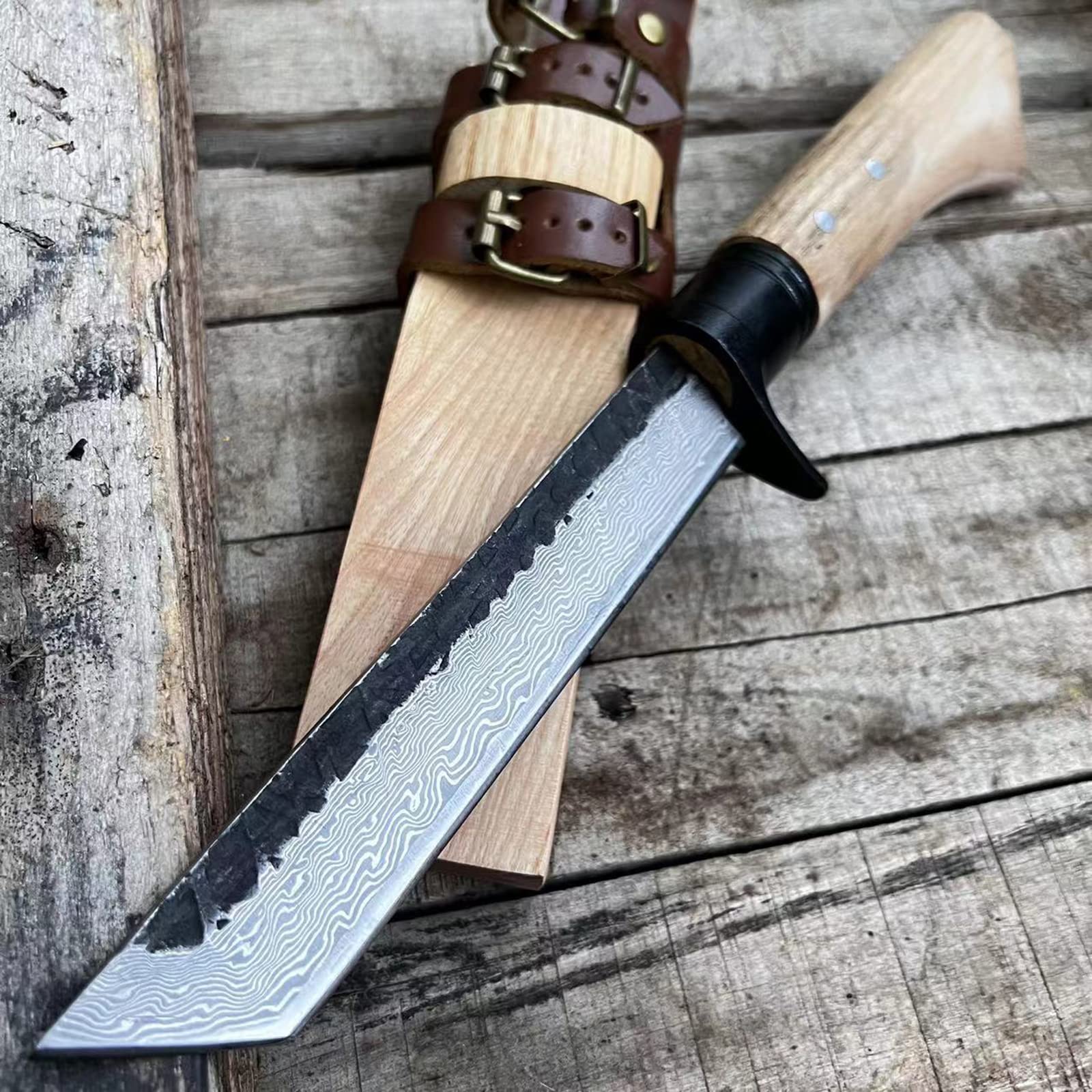 AULAKNIV Damascus Tanto Fixed Blade Hunting Knife with Wooden Sheath, Japanese Camping Survival Knives with Wooden Handle