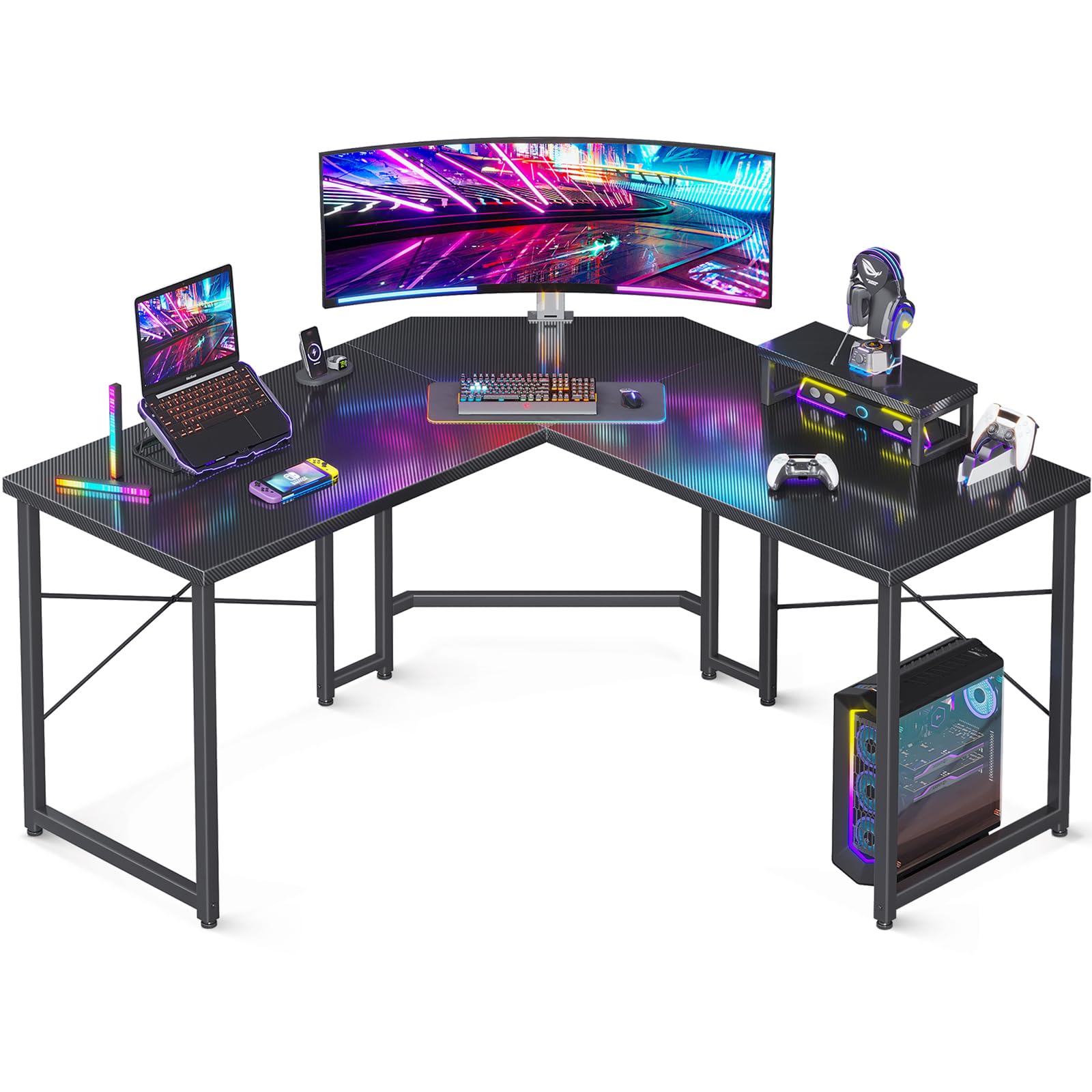 AODK L Shaped Gaming Desk, Computer Corner Desk, PC Gaming Desk Table with Large Monitor Riser Stand for Home Office Sturdy Writing Workstation,51 * 19 inch,Black