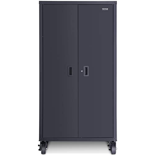 VEVOR Metal Storage Wheels, 200 lbs Load Capacity per Shelf 72'' Tall Powder-Coating Steel Cabinet with 4 Adjustable Shelves, Magnet Doors & Lock, Perfect for Office Home Garage, Black