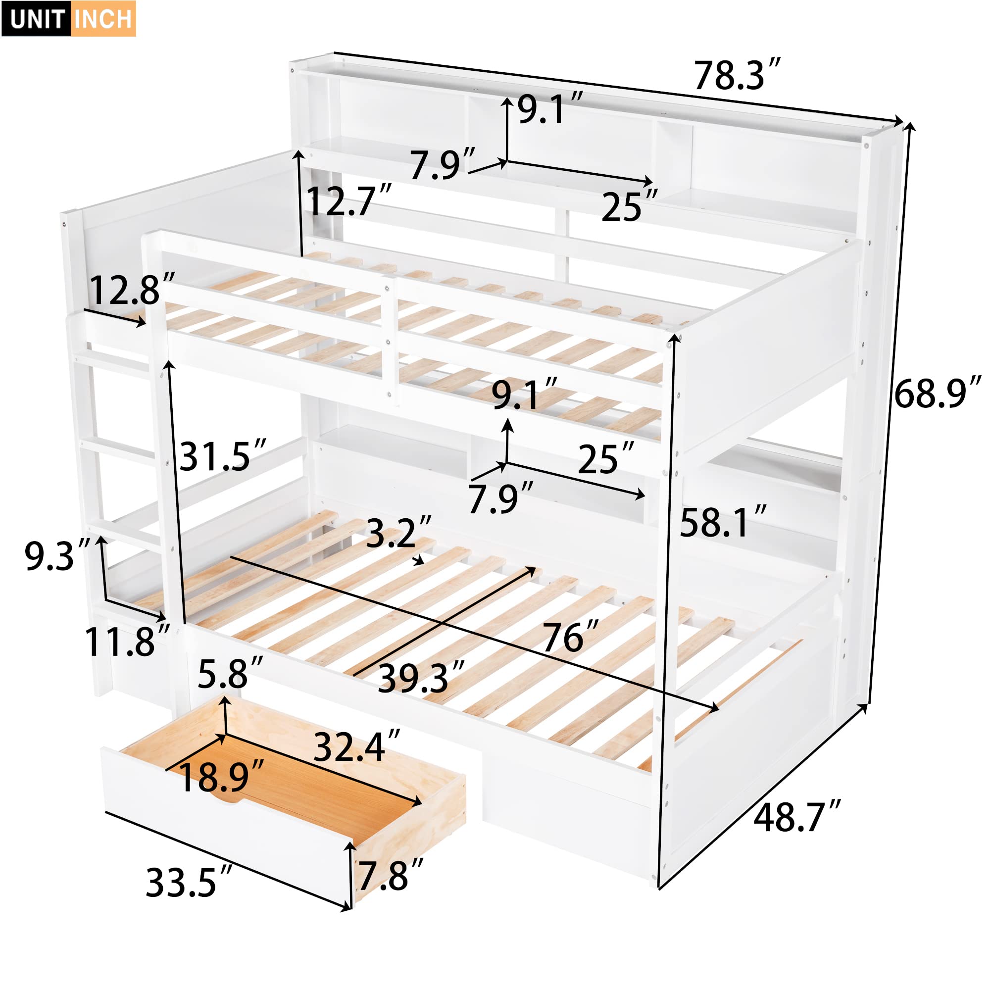 BIADNBZ Twin Over Twin Bunk Bed with Storage Drawer and Built-in Shelves Beside Both Upper and Down Bedframe, for Kids Teens Adults Bedroom, White