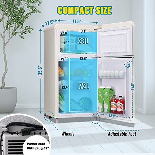 WANAI 3.5 Cu.ft Retro Mini Fridge with Freezer Small Refrigerators Dual Doors & Handles Cream Freestanding Classic Refrigerator Removable Glass Shelves Adjustable Thermostat for Home Office Dorm RV