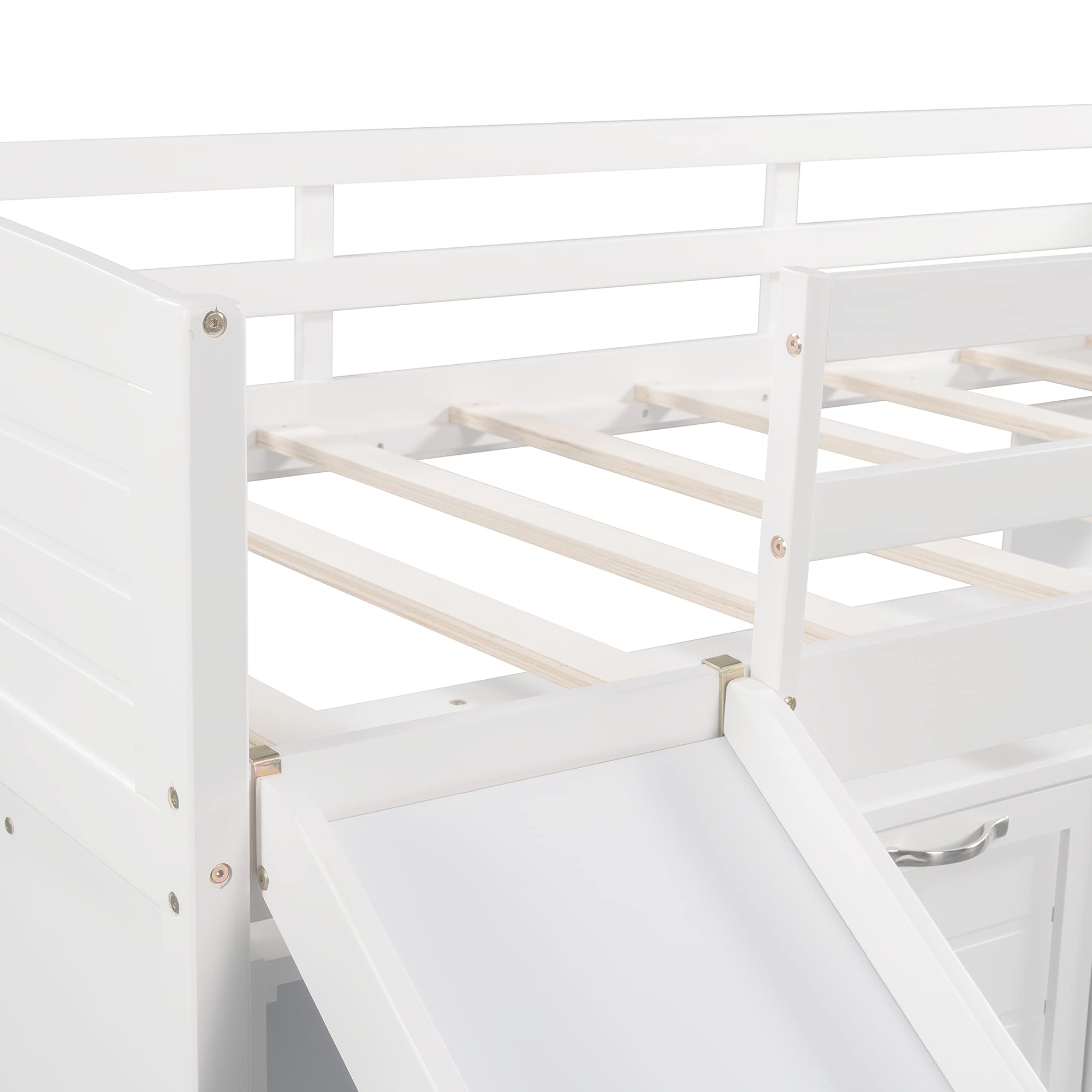 Harper & Bright Designs Twin Loft Bed with Slide and Storage, Solid Wood Low Loft Bed with Attached Bookcases and Separate 3-tier Drawers, for Kids Girls Boys (White)