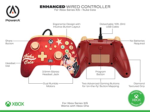 PowerA Enhanced Wired Controller for Xbox Series X|S - Fallout: Nuka Cola, Detachable 10ft USB-C Cable, Mappable Buttons and Rumble Motors, Officially Licensed for Xbox