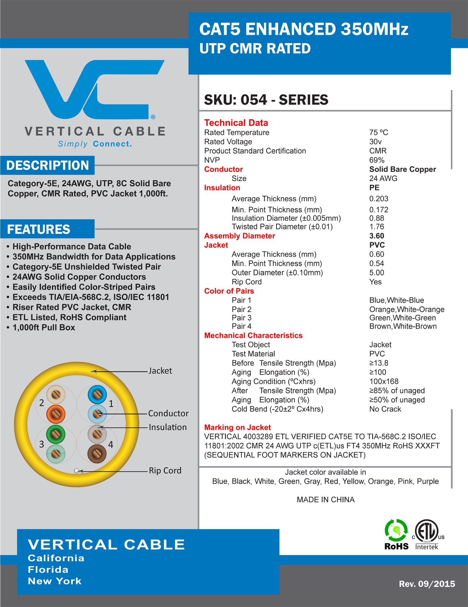 Vertical Cable Cat5e, 350 MHz, UTP, 24AWG, 8C Solid Bare Copper, 1000ft, Blue, Bulk Ethernet Cable - 054 Series
