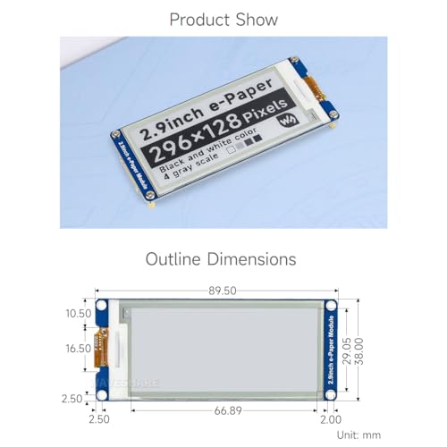 Waveshare 2.9inch E-Ink Display Module Compatible with Raspberry Pi 4B/3B+/3B/2B/B+/A+/Zero/Zero W/WH/Zero 2W Series Boards 296x128 Resolution SPI Interface Supports Partial Refresh