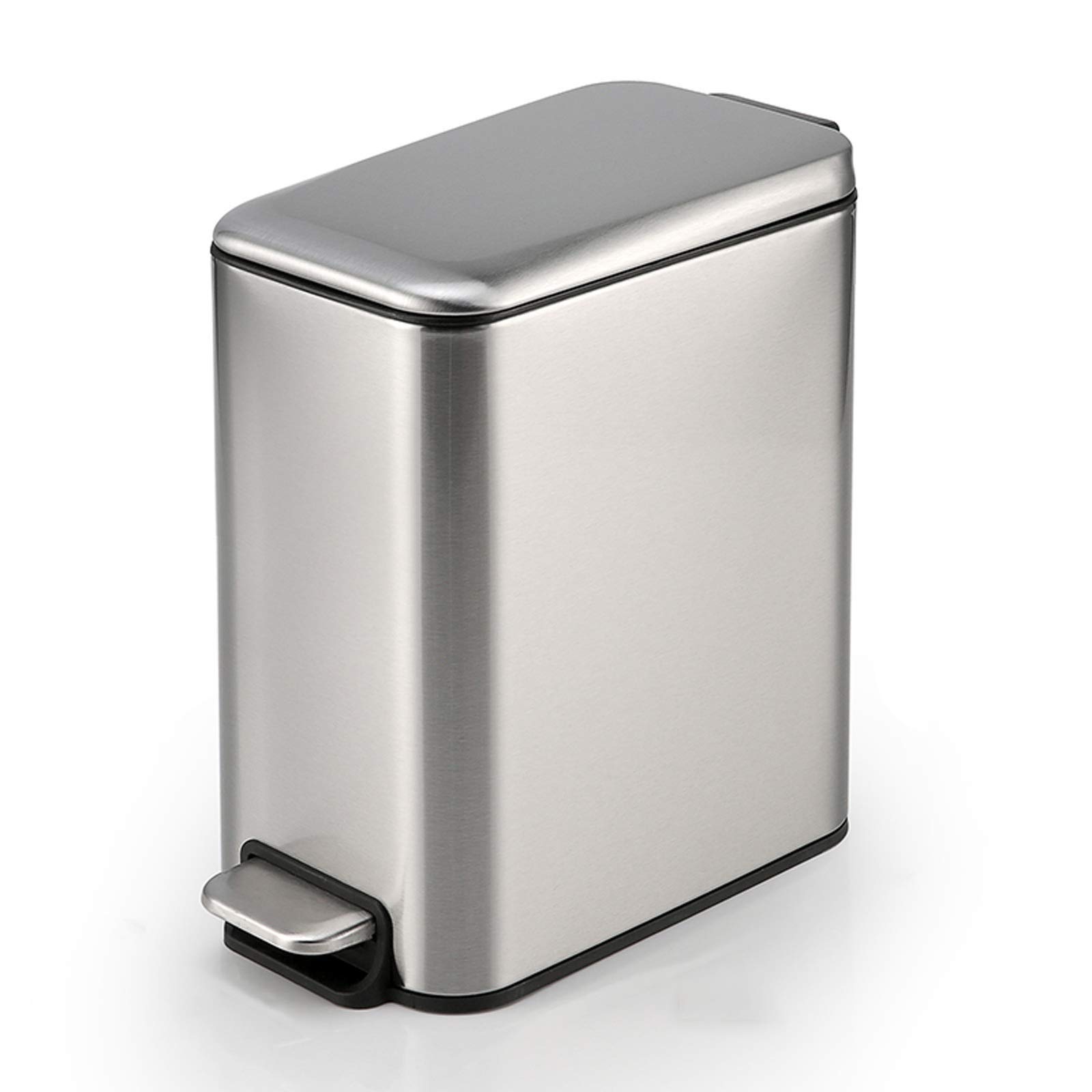 CLTEC 5L/1.3Gal Stainless Steel Trash Can with Lid Soft Close, Removable Inner Waste Basket, Slim Small Garbage Can, Rectangular Step Trash Bin for Bathroom Bedroom Office, Anti-Fingerprint, Silver