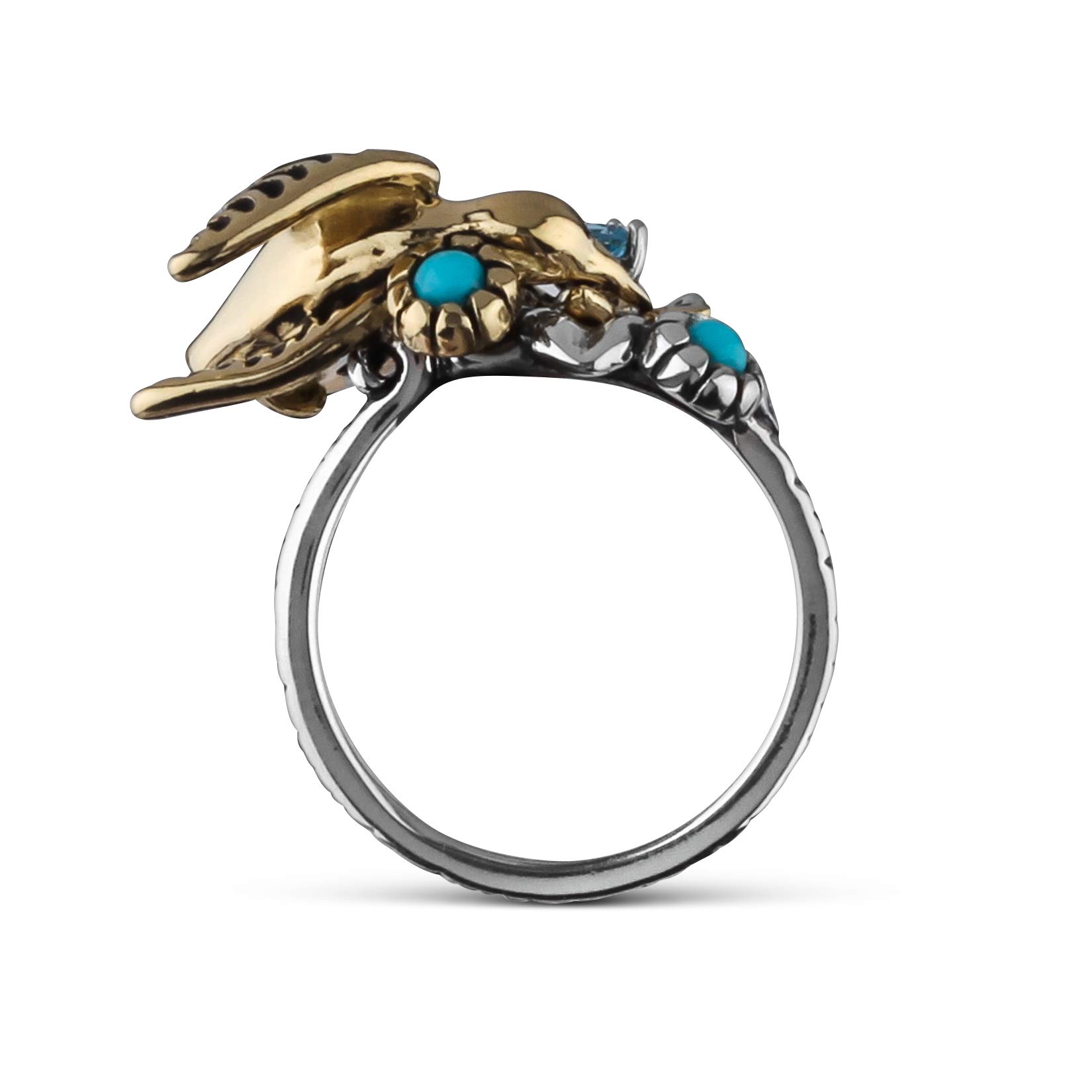 American West Sterling Silver & Mixed Metal Fritz Casuse Turquoise Blue Topaz Hummingbird Ring - Size 6