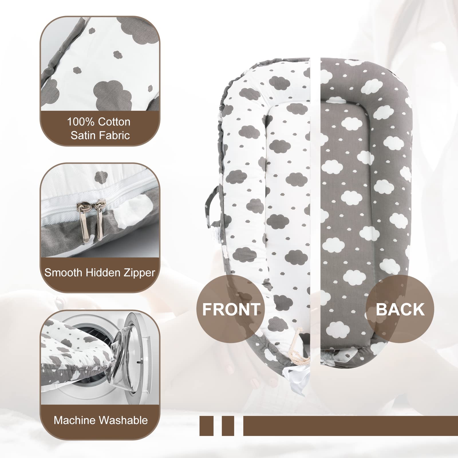 Baby Lounger Baby Nest Co Sleeping 100% Cotton Breathable Cover Sleeping Bed Cover for Newborn Nest Co Sleeping Bed Machine Washable,Grey Cloud