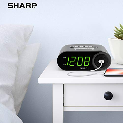 SHARP Digital Easy to Read Alarm Clock with 2 AMP High-Speed USB Charging Power Port - Charge Your Phone, Tablet with a high Speed Charge! Simple, Easy to Use Operation, Black β Green LEDs