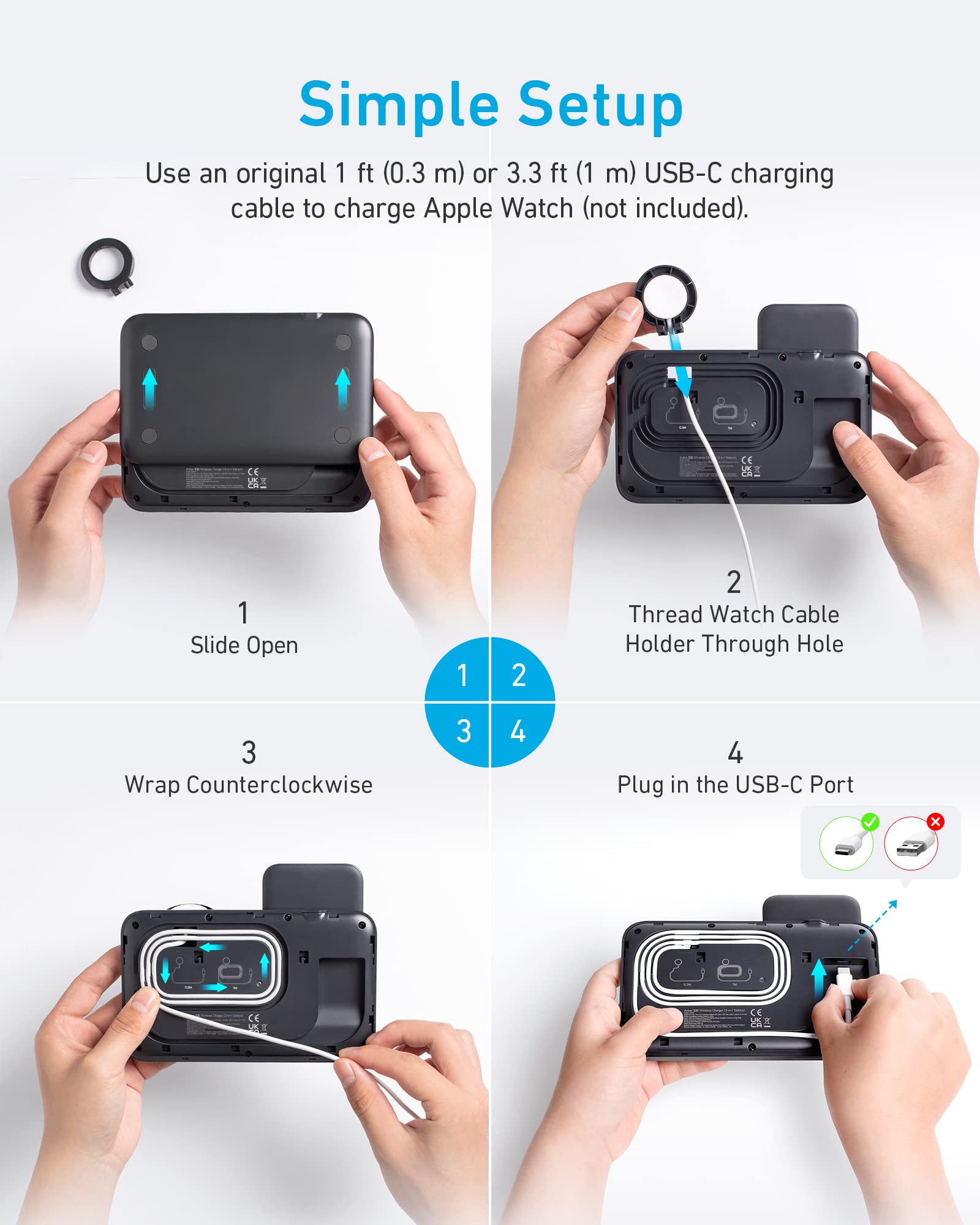 Anker Wireless Charger Stand, Foldable 3-in-1 Stand with Adapter, for iPhone 13, AirPods, Apple Watch (Works with Original USB-A Cable, Not Included)