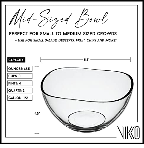 Vikko Glass Serving Bowl, 63.5 Ounce Beautiful Wavy Design, Thick and Durable Glass Mixing Bowl, For Salads, Desserts, Fruit, and More, Microwave and Dishwasher Safe Glass Serving Bowl, 8.2β x 4.5β