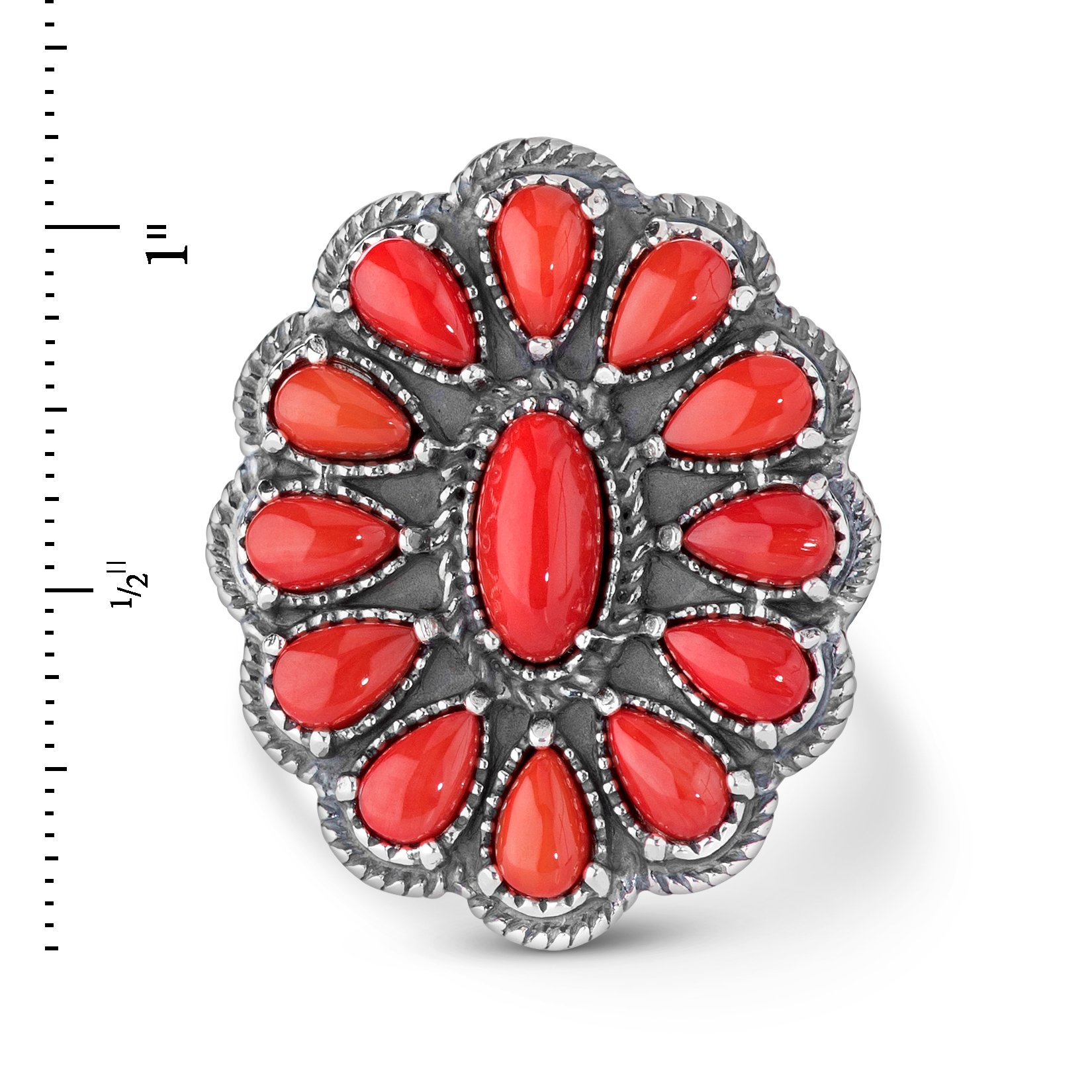 American West Sterling Silver Red Coral Gemstone Cluster Ring Size 7