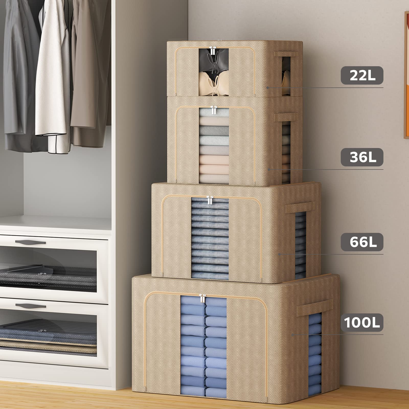 FHSQX Clothes Storage Organizer Bins- Stackable Storage Containers for Closet Foldable Storage Bins for Clothes with Clear Window & Carry Handles (Large-66L(19.7x15.7x12.6inch), Beige)