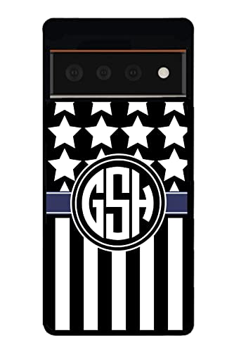 American Flag USA Thin Blue Line Police Monogram Black Rubber Phone Case Compatible With Google Pixel 8 Pro, 8a, 8, 7a, 7, Pixel 7 Pro, 6a, 6 Pro, 6, 5, 4a 5G, 4a 4G, 4, 4 XL, 3a, 3a XL, 3, 3 XL