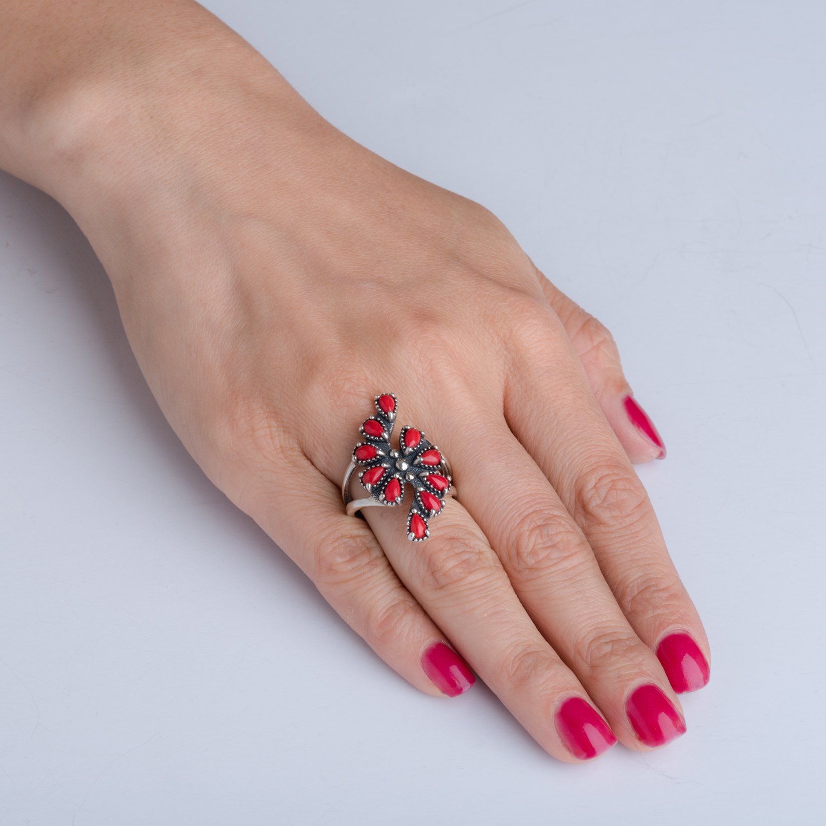 American West Sterling Silver Red Coral Gemstone Cluster Ring Size 5