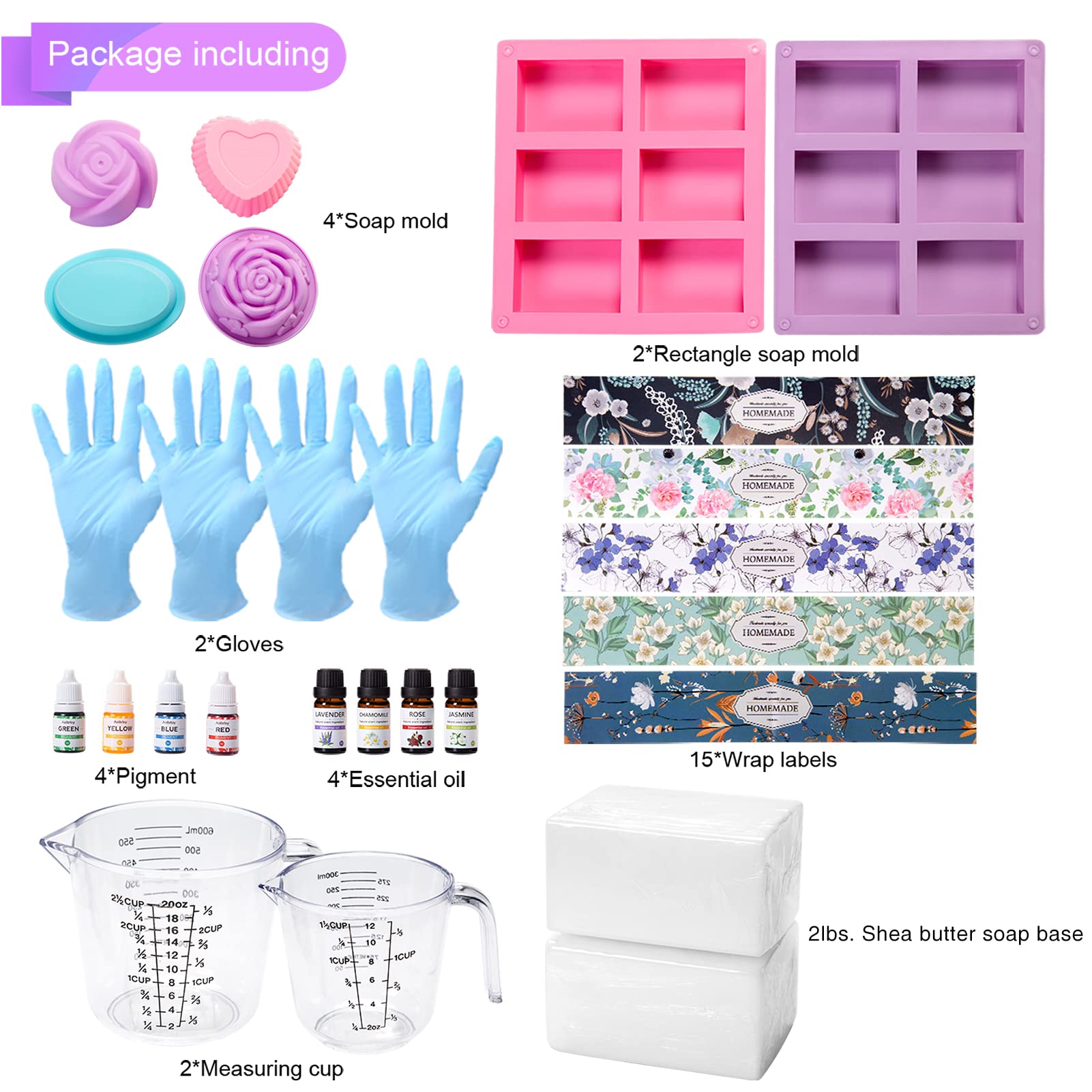 Aoibrloy Soap Making Kits for Adults Beginner with Instructions, Natural DIY Soap Kits with 2lbs. Shea Butter Soap Base, 5 Silicone Soap Mold, Dried Flowers, 4 Essential Oil, 4 Colors, 15 Labels