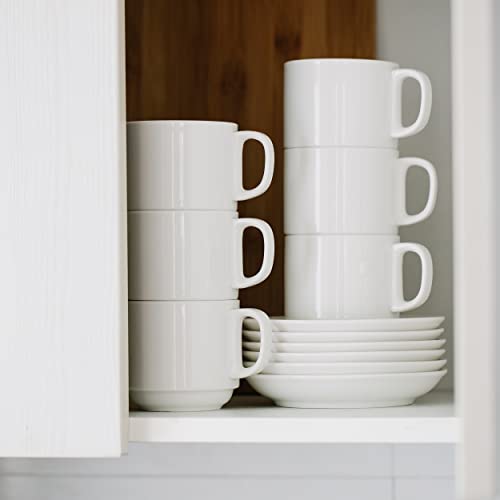BTaT- Stackable Tea Cups and Saucers, White, Set of 6 (8 oz), Cappuccino Cups, Coffee Cups, White Tea Cup Set, British Coffee Cups, Porcelain Tea Set, Latte Cups