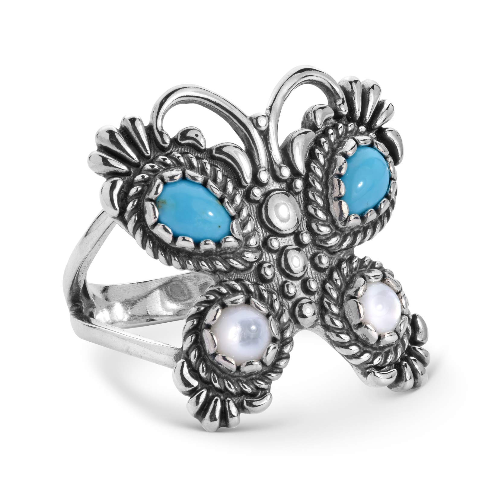 American West Sterling Silver Blue Turquoise and White Mother of Pearl Gemstone Butterfly Ring Size 06