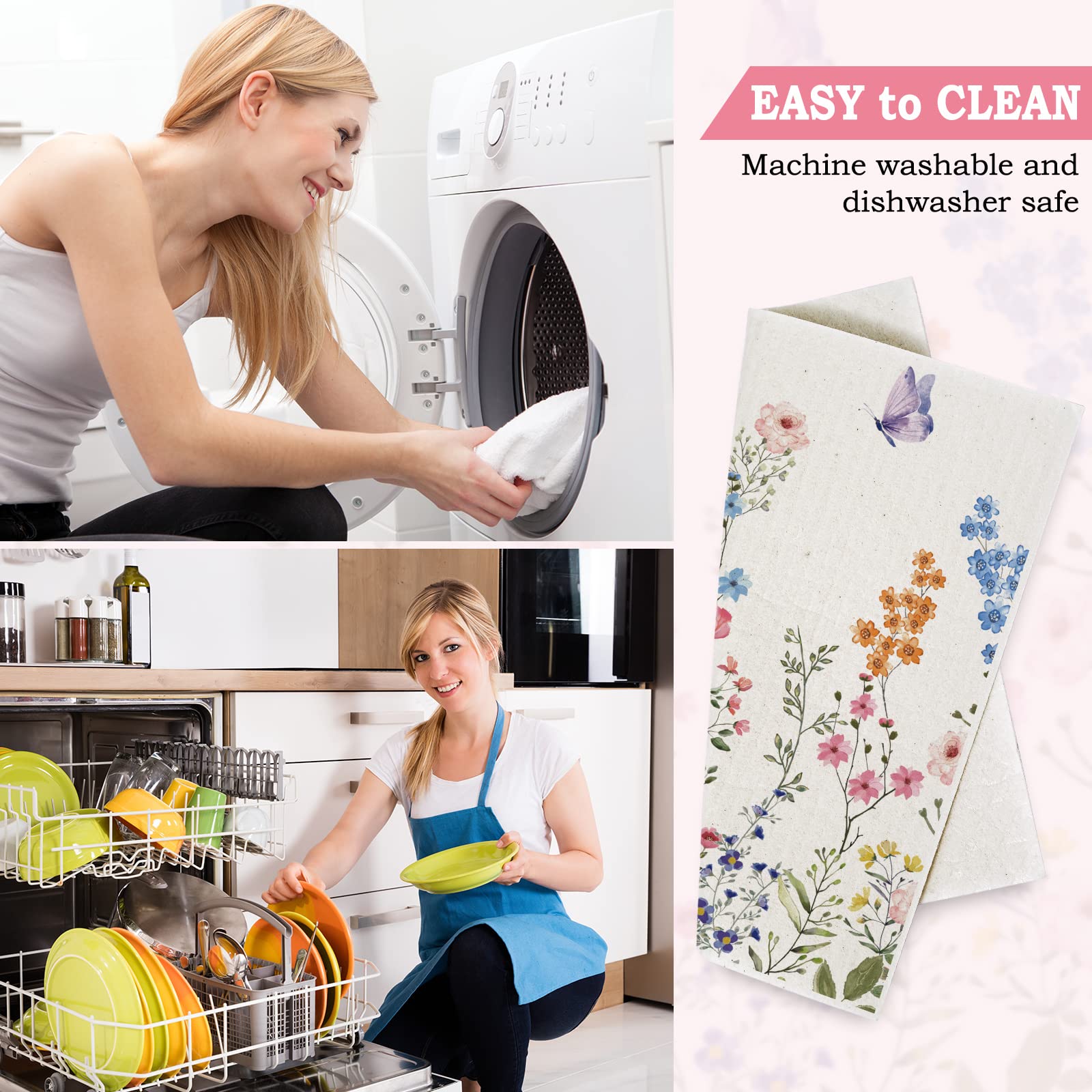 AnyDesign Wildflower Swedish Kitchen Dishcloth Watercolor Spring Flowers Butterfly Cotton Kitchen Towel Absorbent Reusable Cleaning Dishcloths for Home Party Cleaning Housewarming, 7 x 8 Inch, 4 Pack
