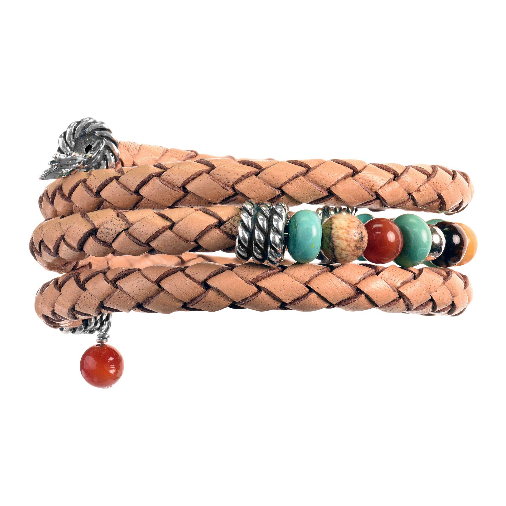 American West Sterling Silver Wrap Bracelet For Men & Women Multi-Color Gemstone Chambray Braided Leather One Size Fits Most