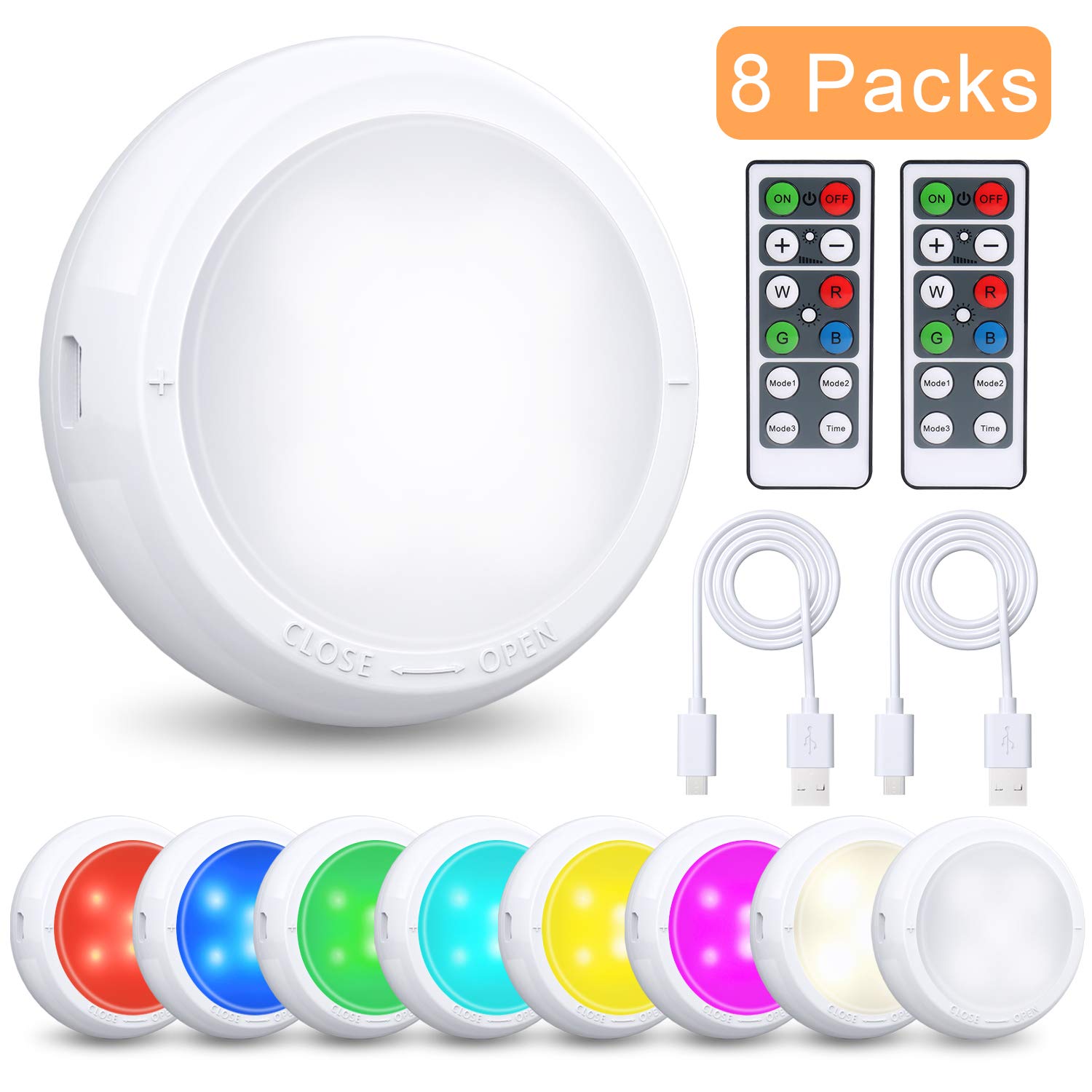 AISITIN Puck Lights Battery Operated Lights with Remote Control, 8 Pack Closet Lights Under Cabinet Light 16 Colors 3 Modes (6000K/4000K/RGB), LED Closet Light with 2 USB Cables