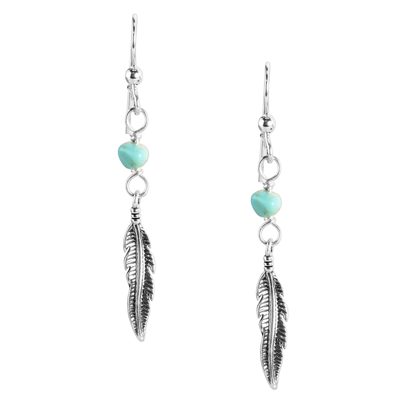 American West Sterling Silver Women's Dangle Earrings Green Turquoise Gemstone Feather Design