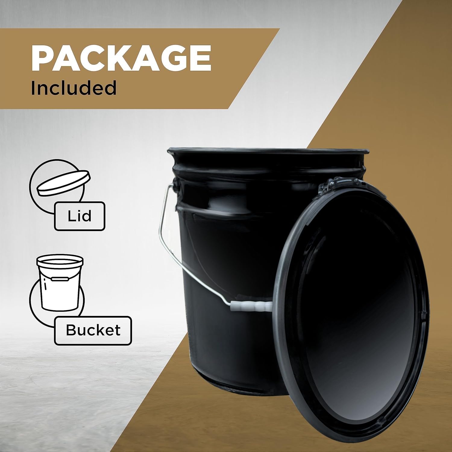 ATERET 5 Gallon Black Metal Bucket & Lever Lock Pail Lid, Heavy Duty Durable Pails and Lids for Outdoor and Household Use (1 Pack)
