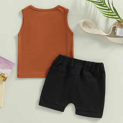 Aojekbee Toddler Boys Clothes, Sleeveless Round Neck Letters Tops Drawstring Short Pants Casual Outfits (Burnt Sugar, 0-6 Months)