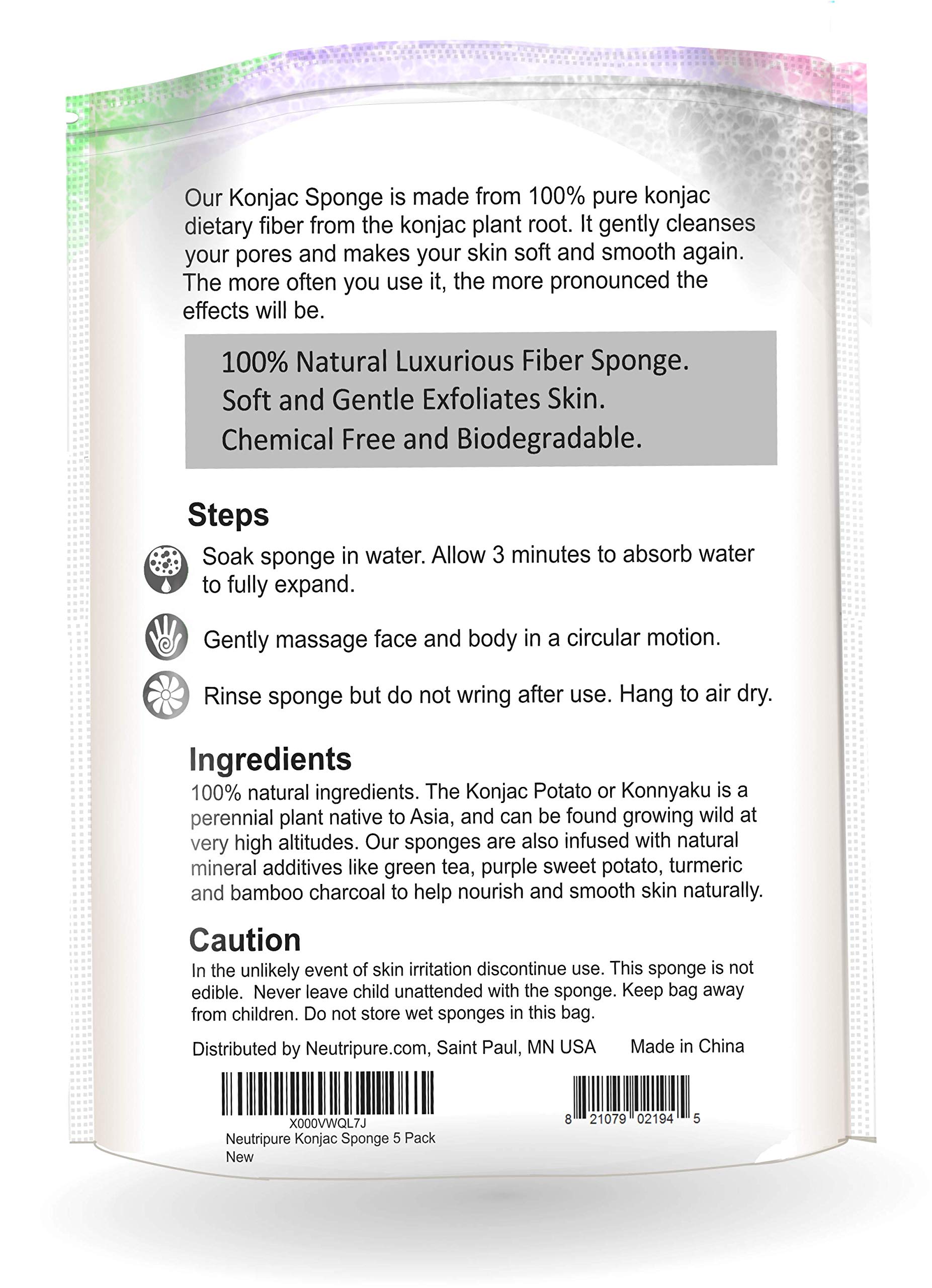 Konjac Sponge Set: Organic Skincare Facial for Natural Exfoliating and Deep Pore Cleansing 5 Piece Sampler Pack Infused with Charcoal, Turmeric, Green Tea