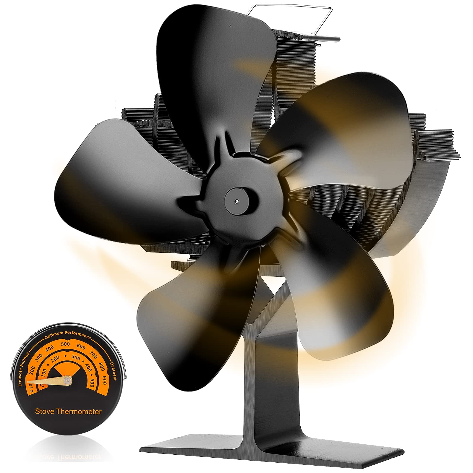 CWLAKON Wood Stove Fan, Large Size Heat Powered Fireplace Fan for Gas/Pellet/Wood Burning Stove, Silent Eco Stove Top Fan 5-Blades with Thermometer