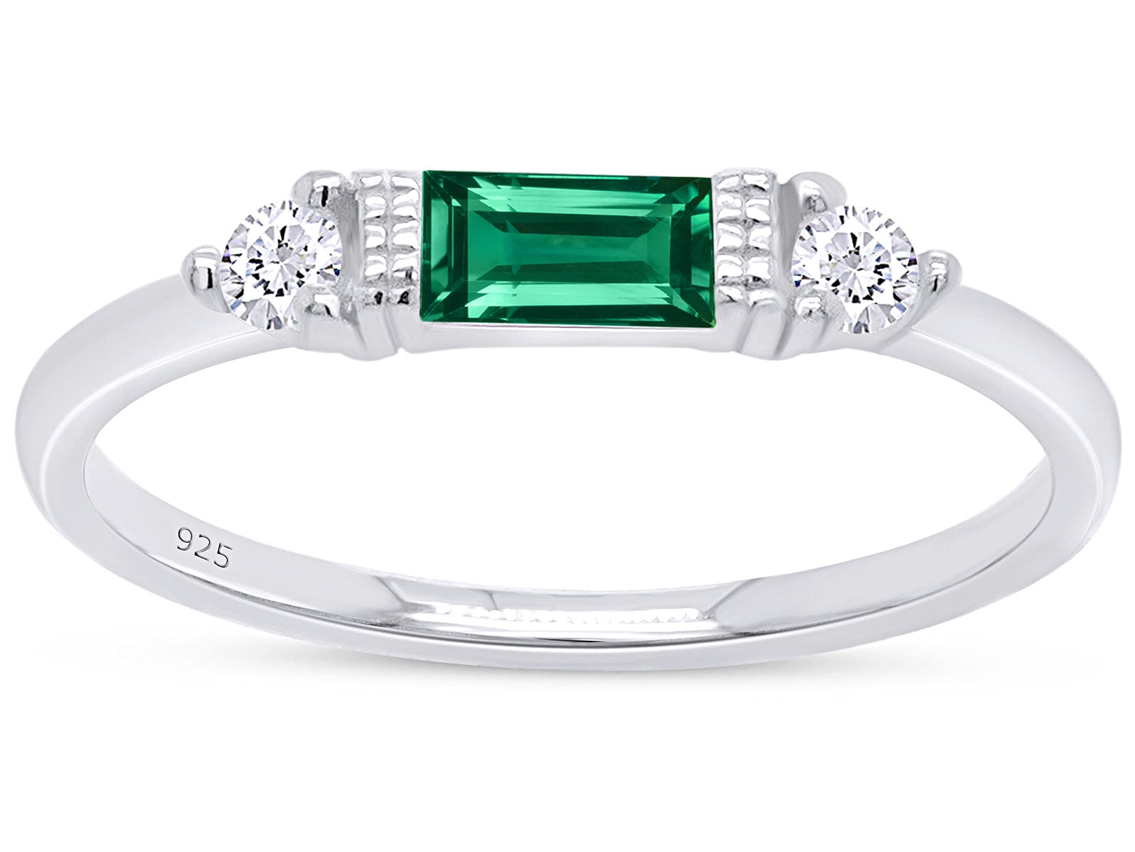 AFFY Baguette Cut Simulated Emerald And White Cubic Zirconia In 14K White Gold Plated 925 Sterling Silver Three Stone Design Bridal Engagement Wedding Ring Jewelry For Women Size -7