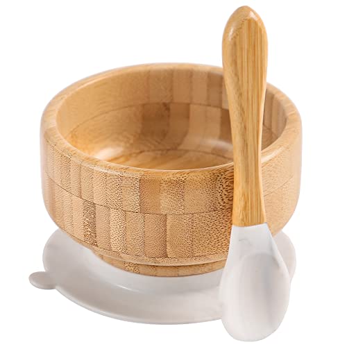 Baby Bamboo Bowls with Suction and Matching Spoon Set - 2PC Feeding Supplies Set for Infant, Toddlers - Detachable Silicone Suction Stay Put Base for Wooden Bowl - BPA Free (Marble)
