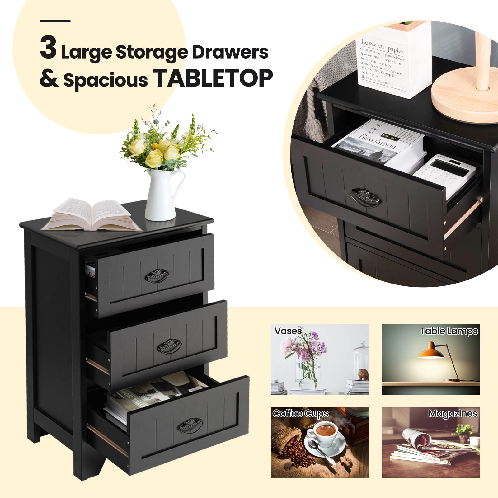 Giantex Nightstand with 3 Drawers, Bedside Table with Exquisite Metal Handles, Accent Table Sofa Side Table with Anti-toppling Device for Bedroom, Study, White