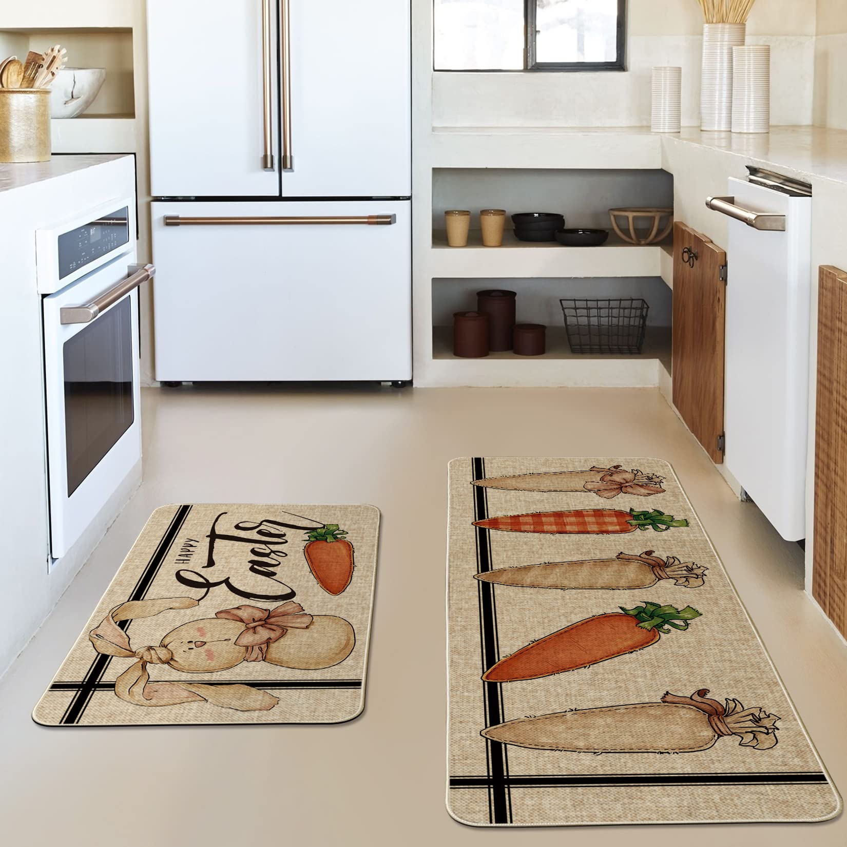 Artoid Mode French Stripes Bunny Doll Carrots Easter Kitchen Mats Set of 2, Home Decor Low-Profile Kitchen Rugs for Floor - 17x29 and 17x47 Inch