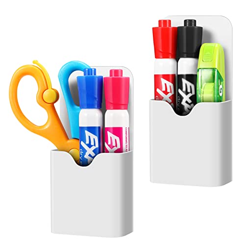 CASEBOT Magnetic Marker Holder, Pen Holder for Whiteboard or Fridge, Magnet Pencil Cup Storage Organizer for Office, Home, Locker and Metal Cabinets, 2 Pack, White