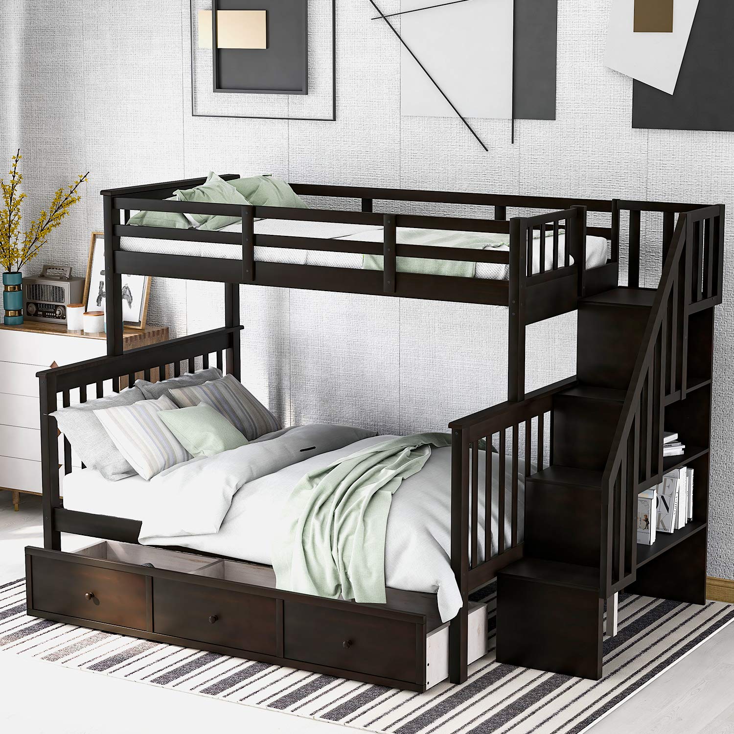 BIADNBZ Full Over Full Bunk Bed with Stairs Storage and Drawers, Solid Wood Bunkbed with Staircase for Kids Teens Adults, can be Separated into 2 Platform Bedframe, Gray