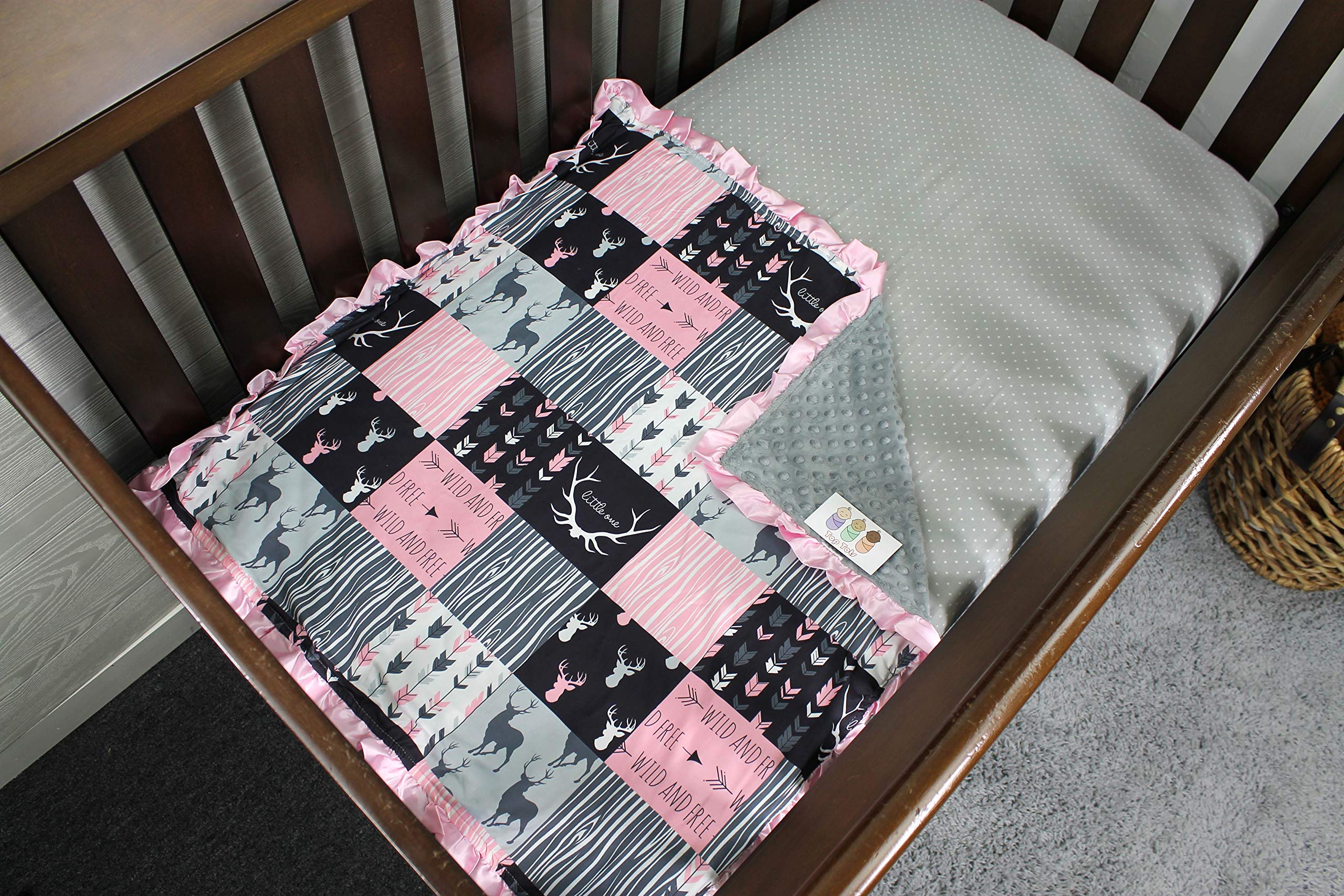 Baby Blanket - Minky, Deer, Arrows and Antlers, Pink with Gray and Black, with Pink Ruffles