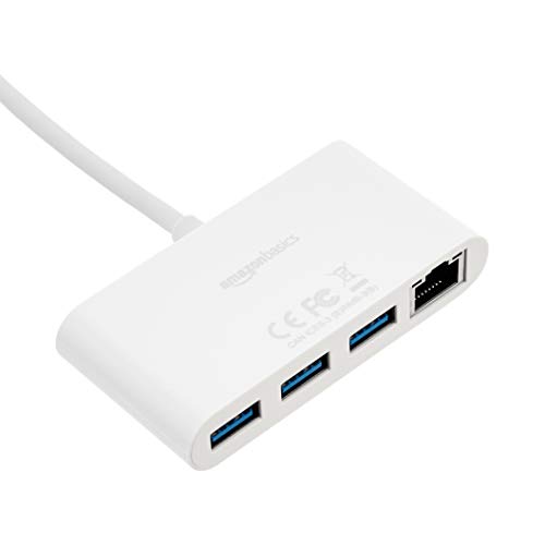 Amazon Basics 3-Port USB 3.0 Adapter with RJ45 Gigabit Ethernet Port, White, 3 USB A + 1 RJ45