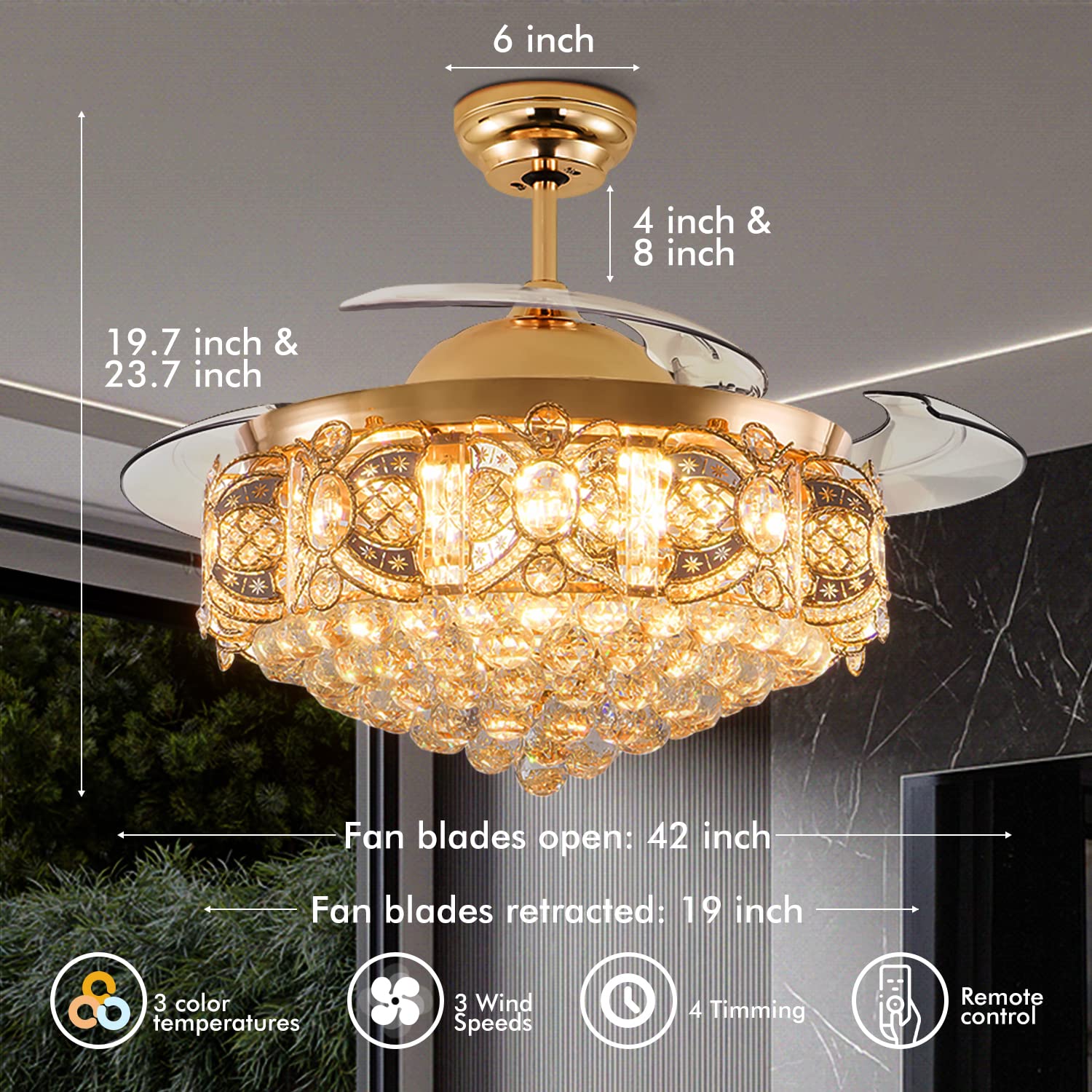 AFANQI 42" Crystal Ceiling Fan Light with Remote Control Adjustable 3 Acceleration 3 Color Fan Fixtures with Retractable Blade LED Chandelier Fan Silent Motor with LED Kit (42" Luxury Crystal)
