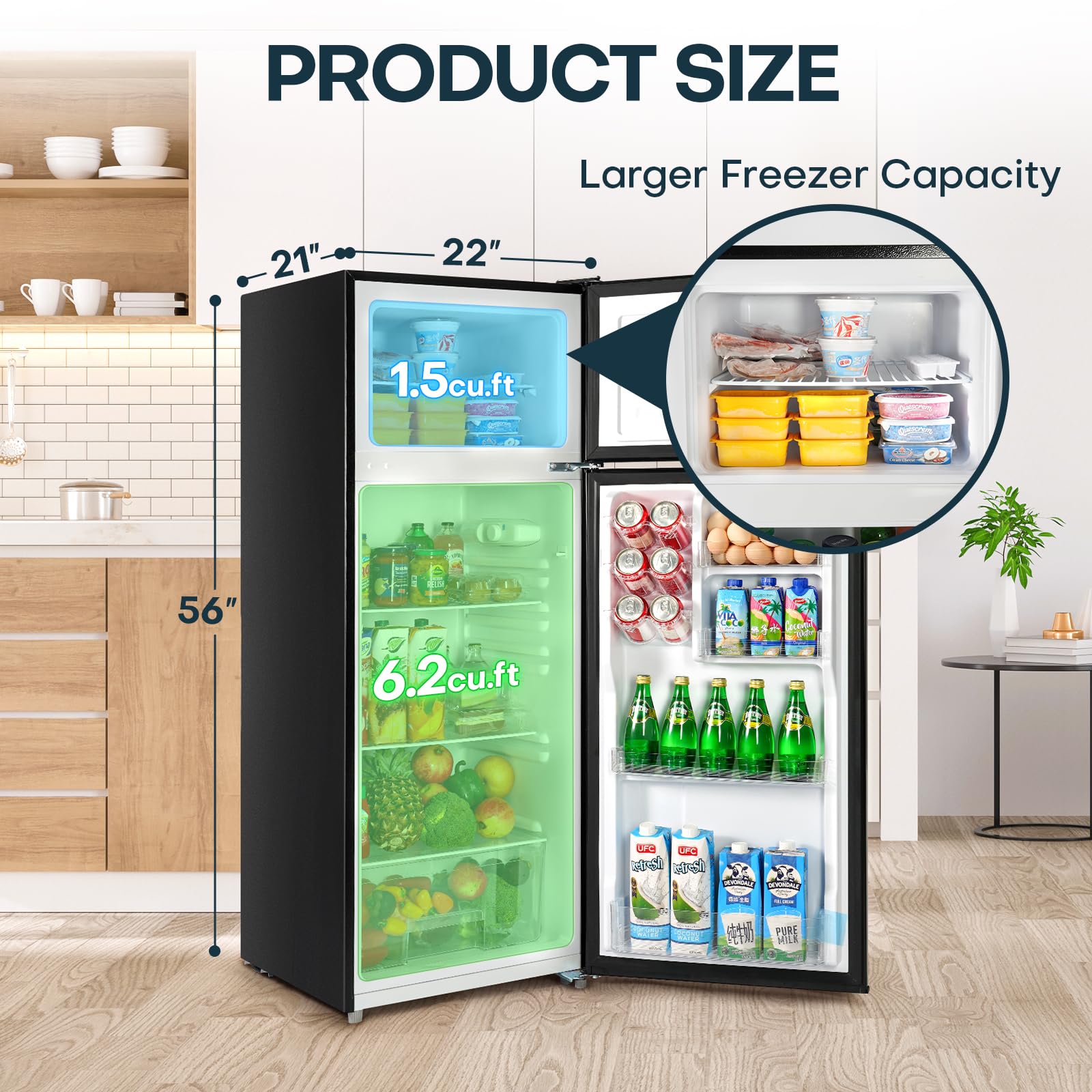 Upstreman 7.7 Cu.Ft. Refrigerator with Freezer, Double Door Refrigerator, Adjustable Thermostat, Large Capacity, Reversible Door Swing, Refrigerator for Apartment, Office, Dorm, Black(BD75)