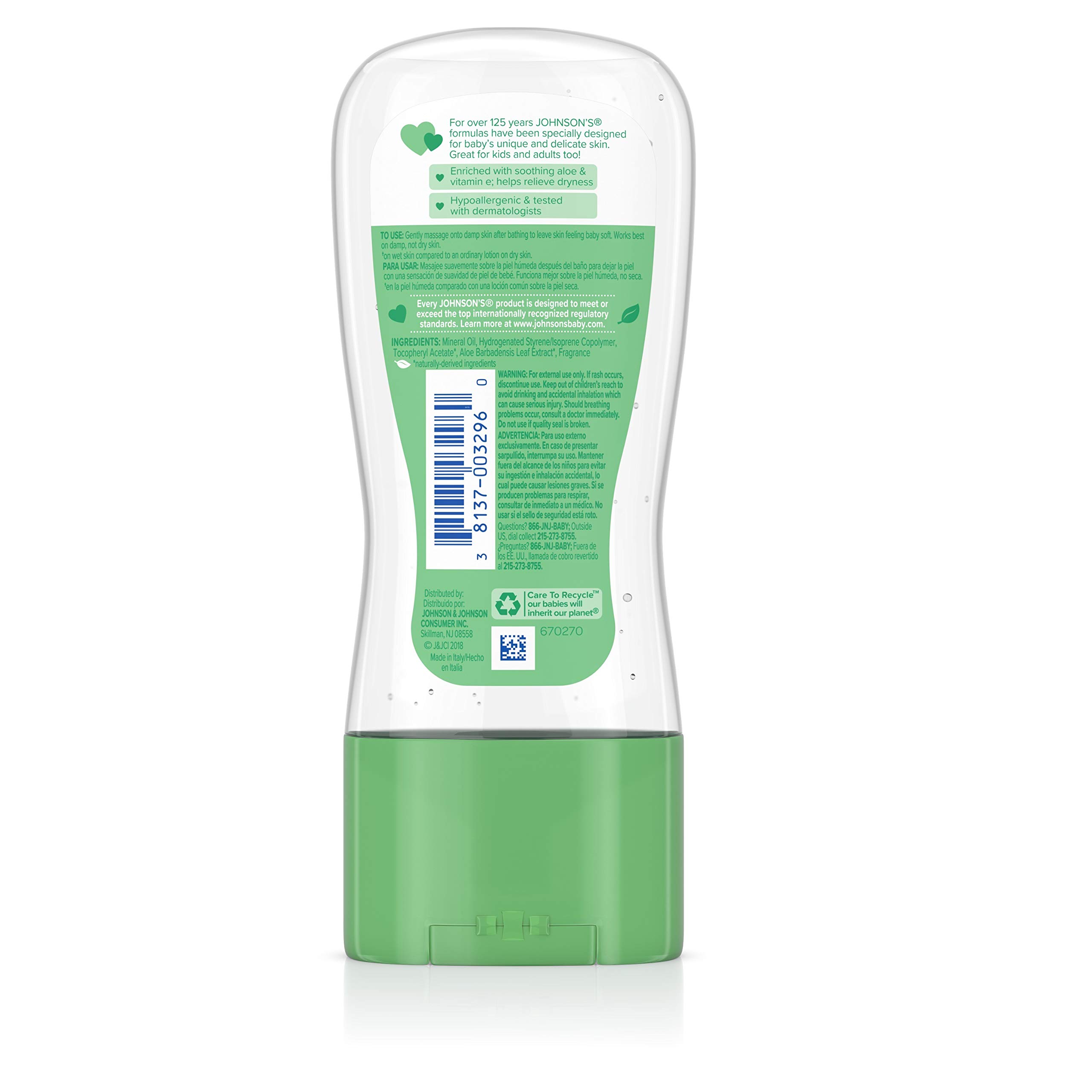 Johnson's Baby Oil Gel with Aloe Vera & Vitamin E, Hypoallergenic Baby Skin Care, 6.5 fl. oz