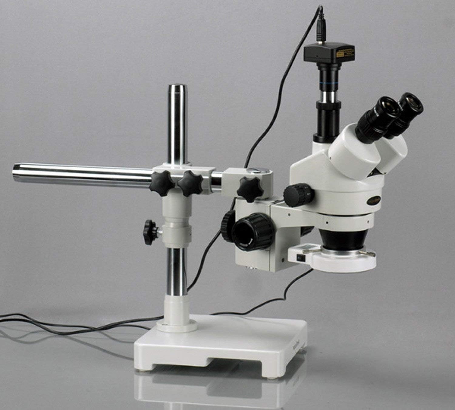 AmScope SM-3TZ-54S-5M Digital Professional Trinocular Stereo Zoom Microscope, WH10x Eyepieces, 3.5X-90X Magnification, 0.7X-4.5X Zoom Objective, 54-Bulb LED Light, Single-Arm Boom Stand, 110V-240V, Includes 0.5X and 2.0X Barlow Lenses and 5MP Camera with