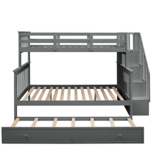 FIQHOME Stairway Twin-Over-Full Bunk Bed with Twin Size Trundle,Bunk Bed Frame Convertible into 2 Beds Storage and Guard Rail for Bedroom, Dorm, for Adults,Gray